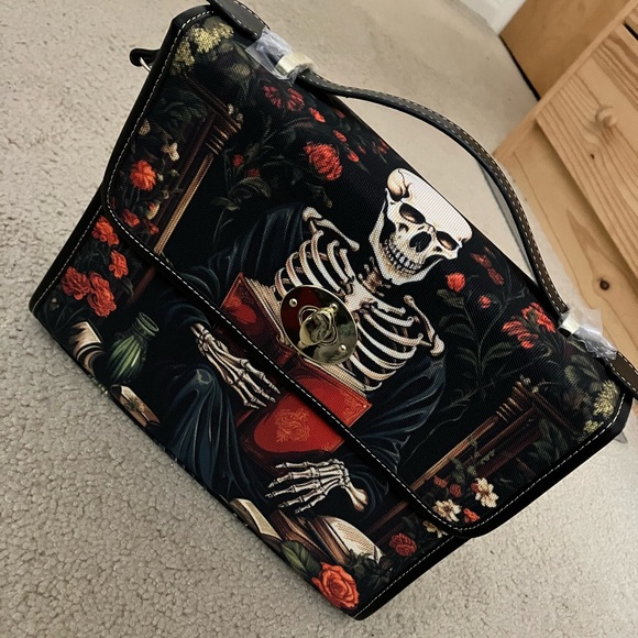 Bags | Goth Skeleton Reading Canvas Satchel Crossbody Bohocottage Core ...